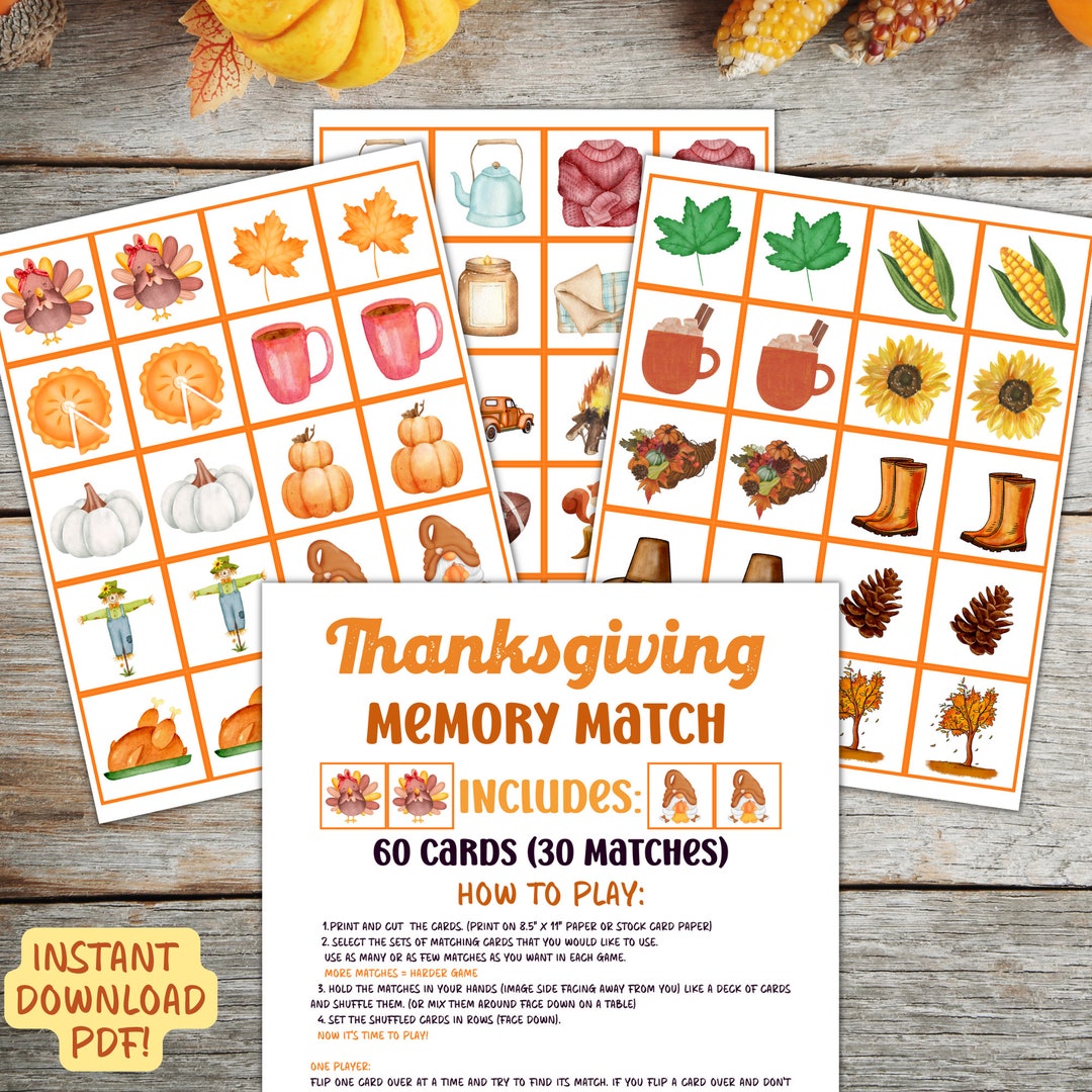 Thanksgiving Matching Game, Thanksgiving Memory Match Game ...