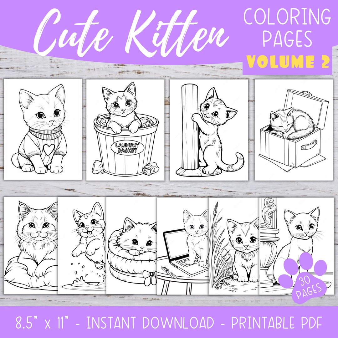 30 Cute Cat Coloring Pages, Kid's Kitten Coloring Sheets, Printable ...