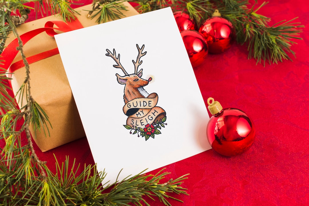 Rudolph Tattoo Flash Christmas Card Printable, Holiday Digital Download ...