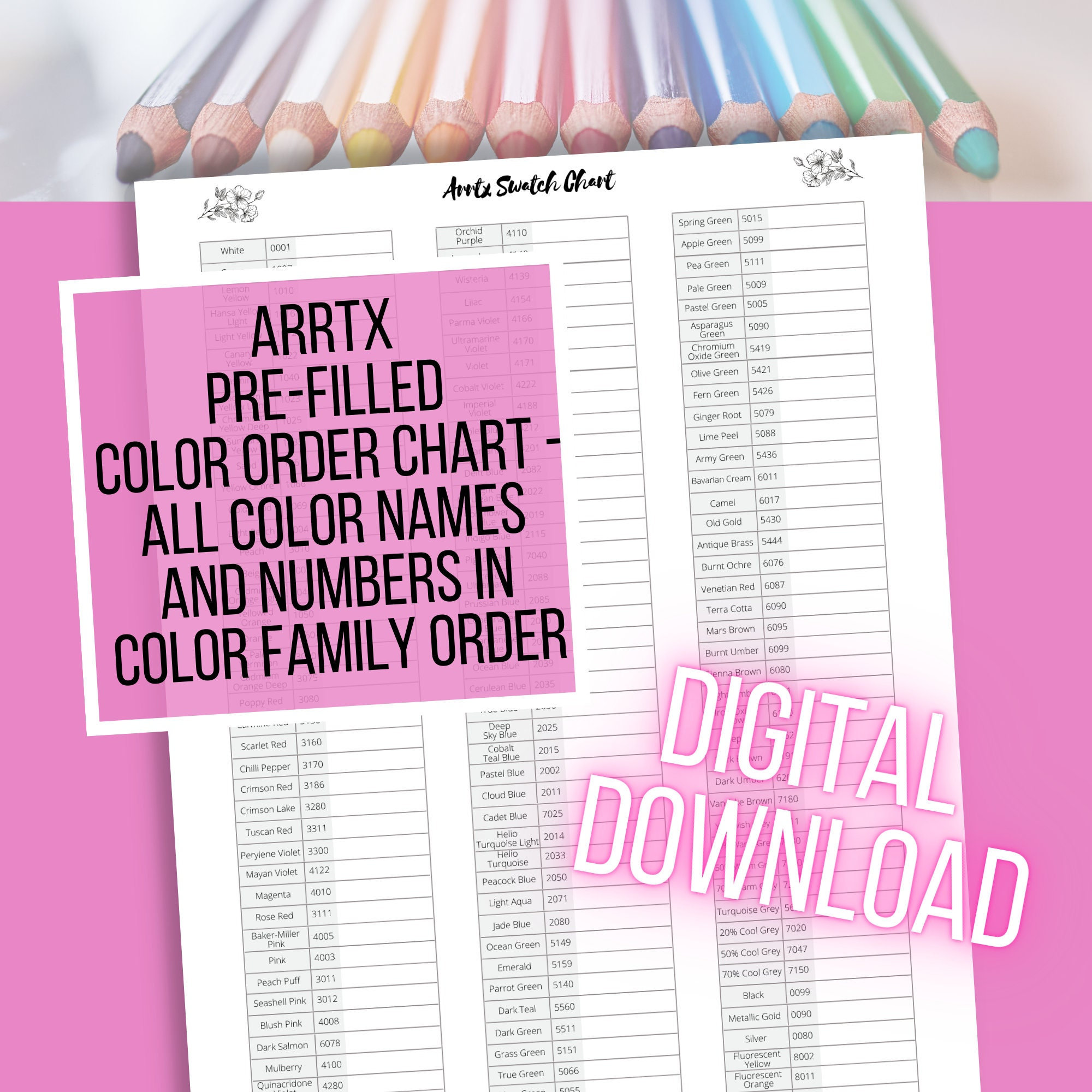 126 Arrtx Pre-filled Color Chart - Names and Numbers Pre-filled in ...