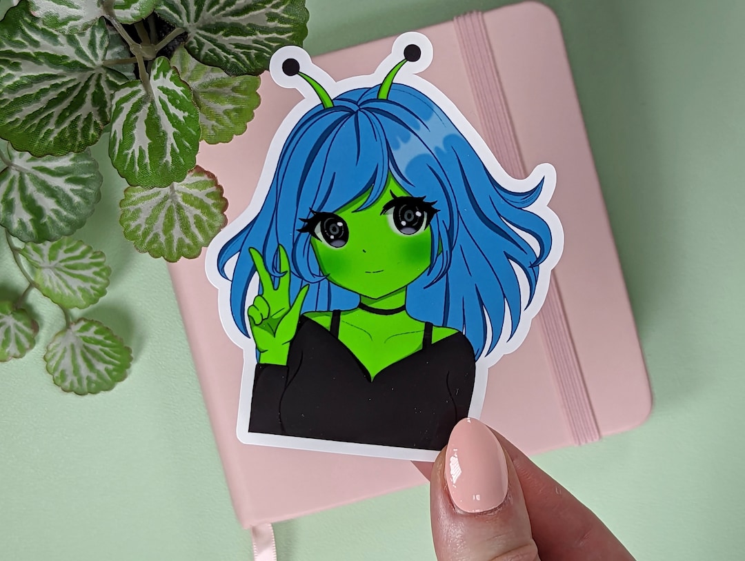 ALIEN GIRL Sticker, Peace Sign Anime Girl Sticker, Kawaii Chibi Style ...