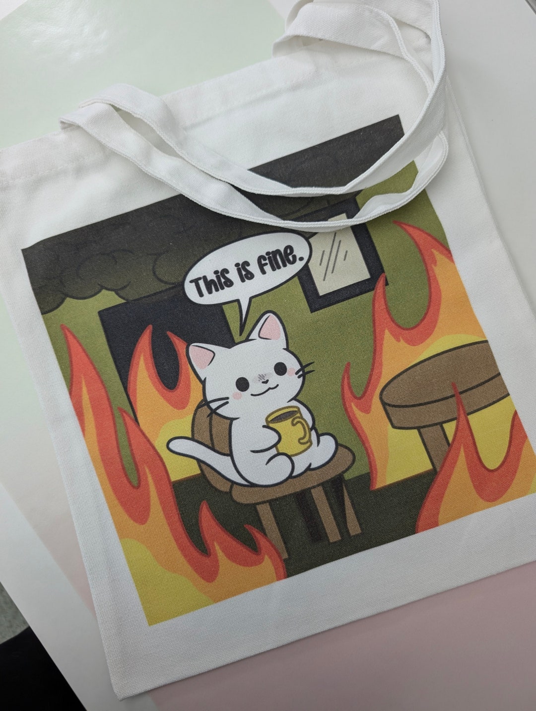 THIS IS FINE Cat Tote Bag, Funny Meme Bag, Shoulder Bag for Shopping ...