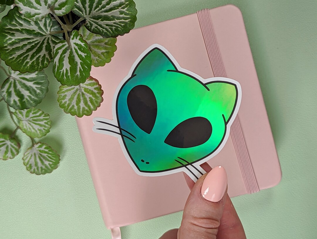 HOLOGRAPHIC ALIEN CAT Sticker, Cute Kitty Sticker, Cool Green Alien ...