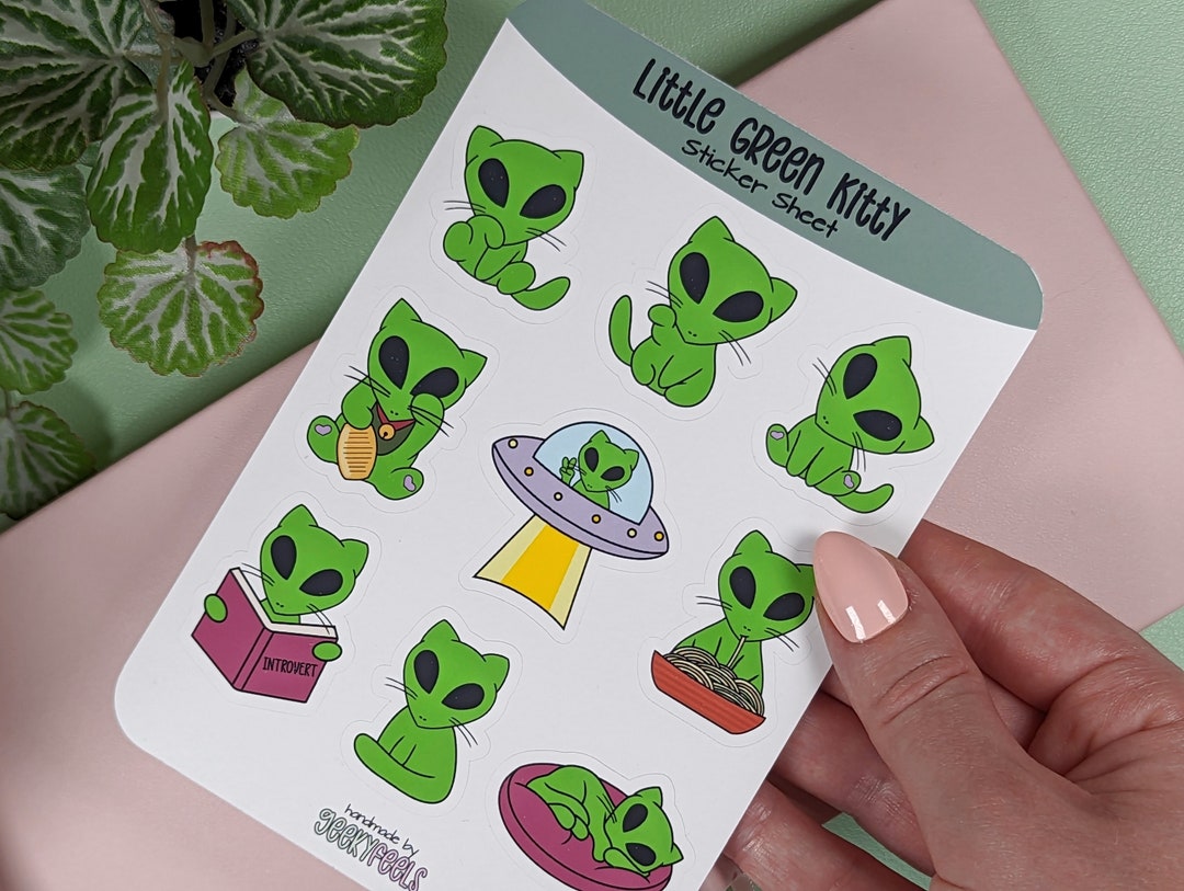 ALIEN CAT Sticker Sheet, Cute Cat Stickers, Alien Sticker, Kawaii Kitty ...