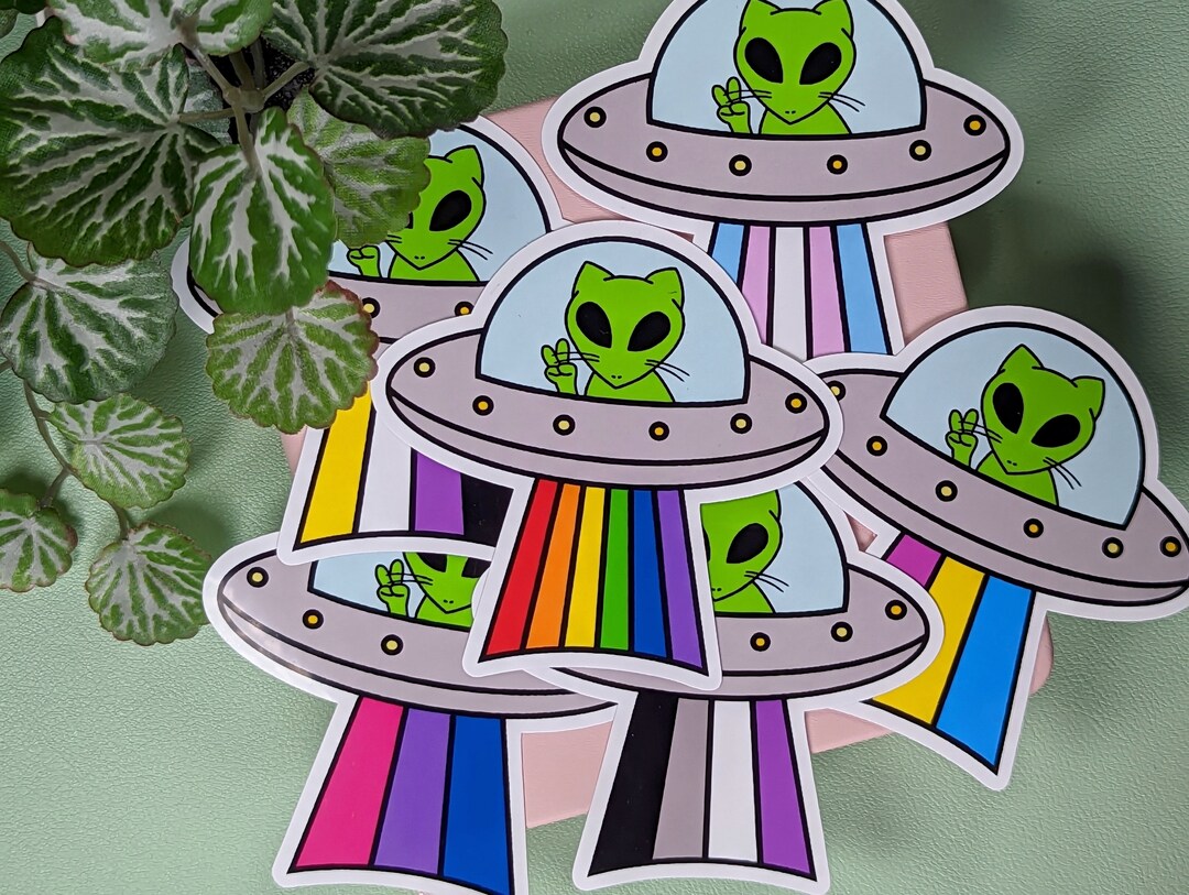 PRIDE UFO Sticker, Alien Cat Art, LGBTQIA+ Stickers, Rainbow Space ...