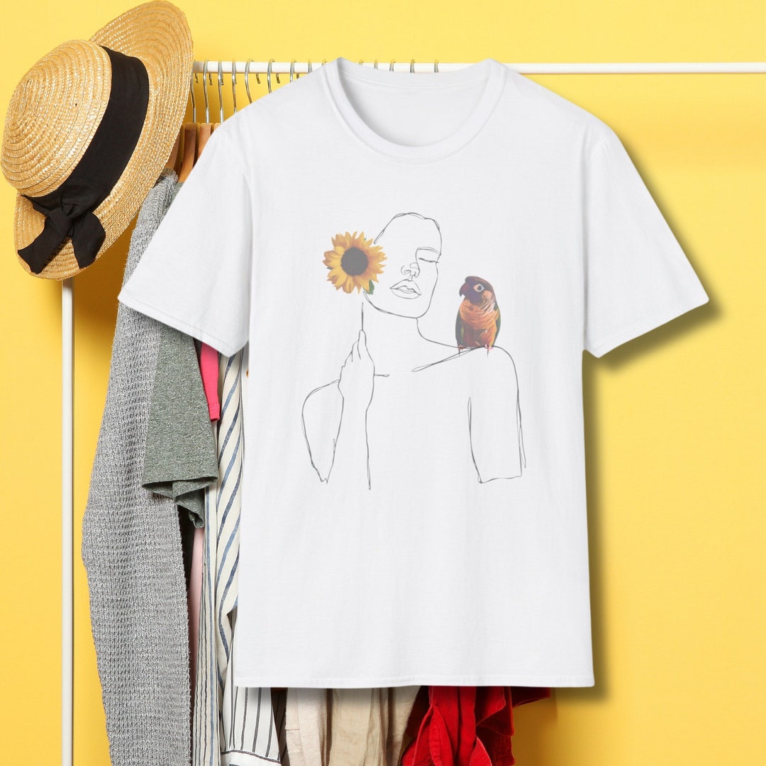 Green Cheeked Conure With Woman Line Art Softstyle White T-shirt, Pet ...