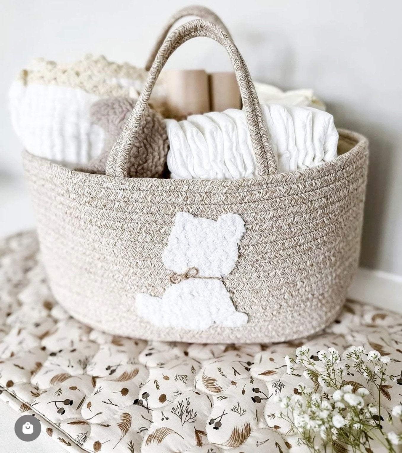 Nappy Caddy Organiser With Boucle Teddy Bear, Natural Nursery Storage ...