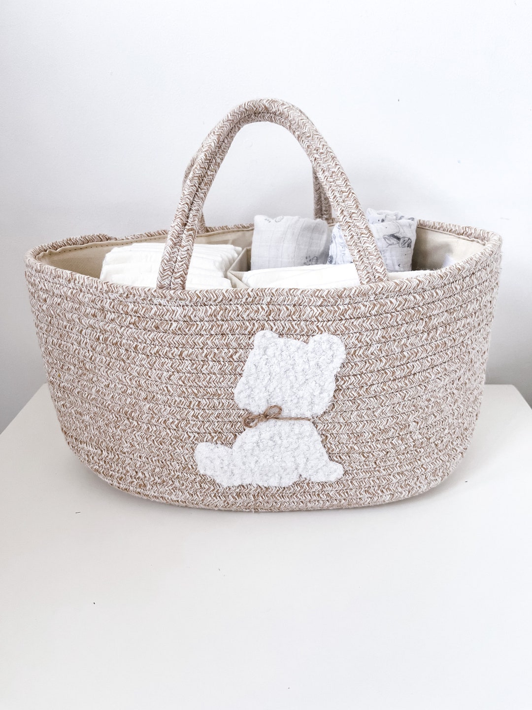 Nappy Caddy Organiser With Boucle Teddy Bear, Natural Nursery Storage ...