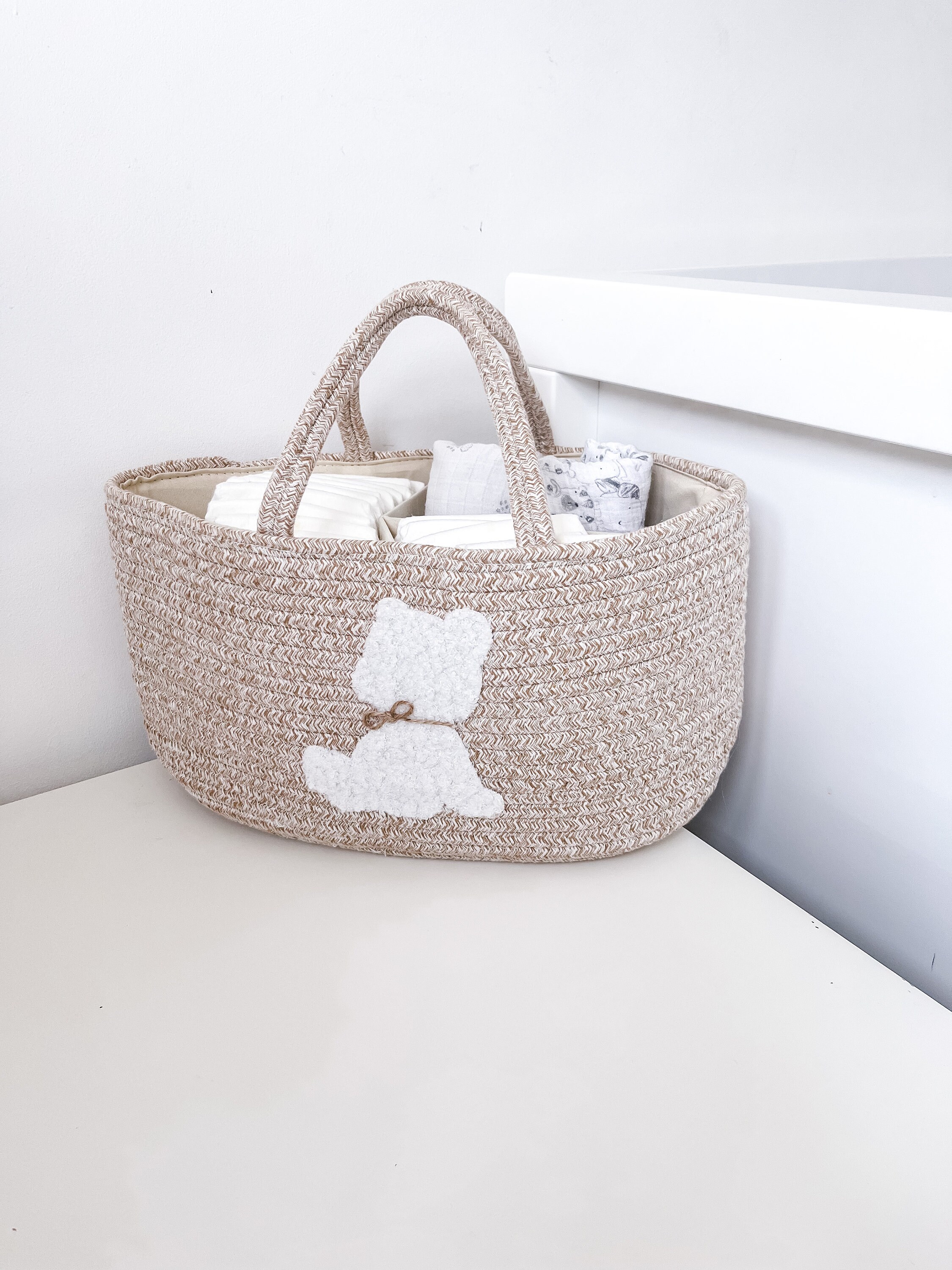 Nappy Caddy Organiser With Boucle Teddy Bear, Natural Nursery Storage ...