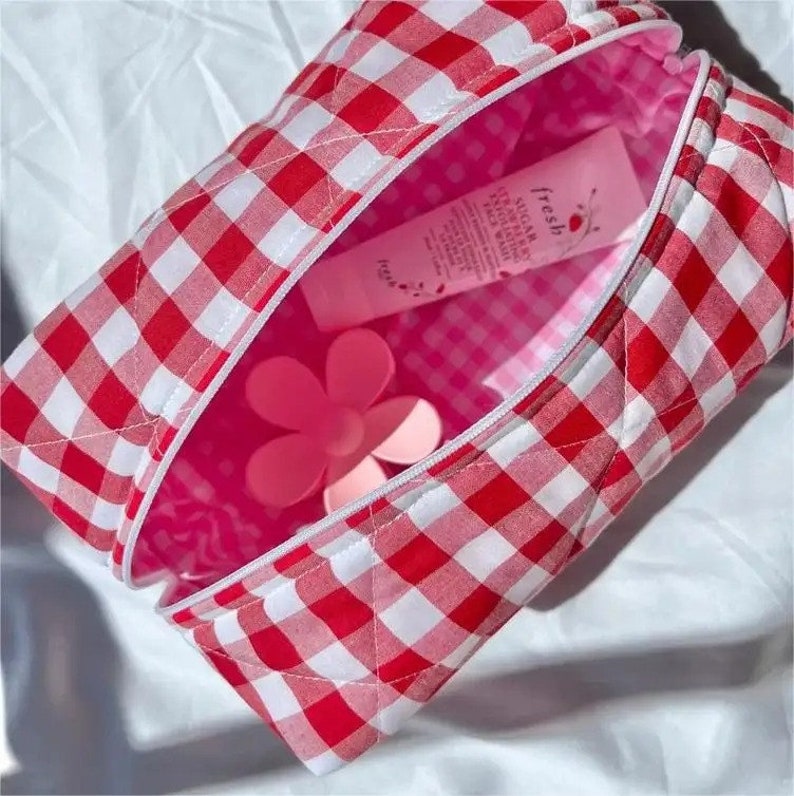 Gingham Quilted Makeup Bag, Cosmetic Organizer, Storage Bag, Quilted Travel Pouch, Quilted ...