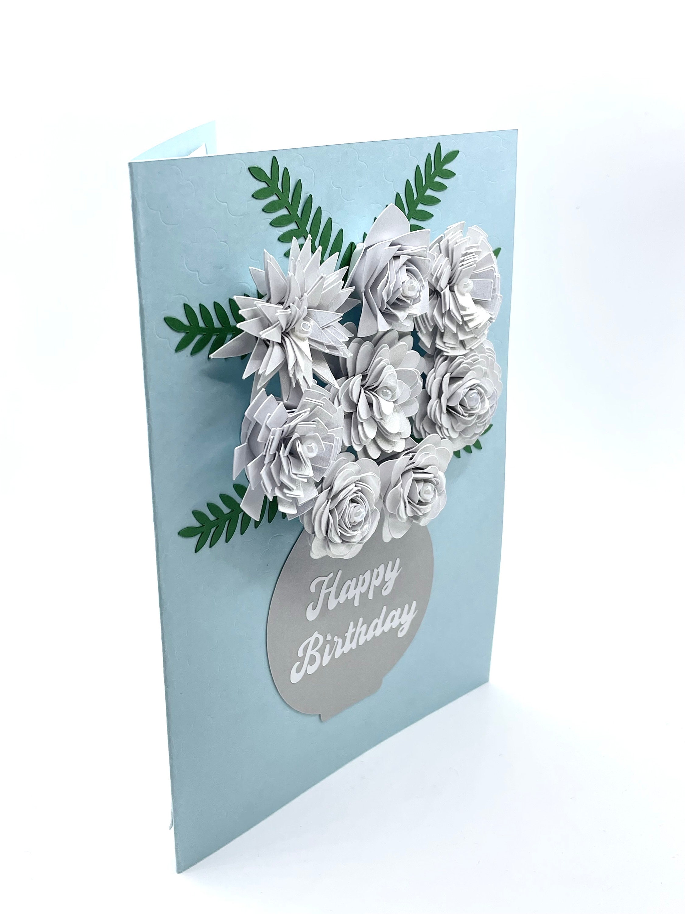 Happy Birthday White Floral Greeting Card 3D Elegant Arrangement With ...