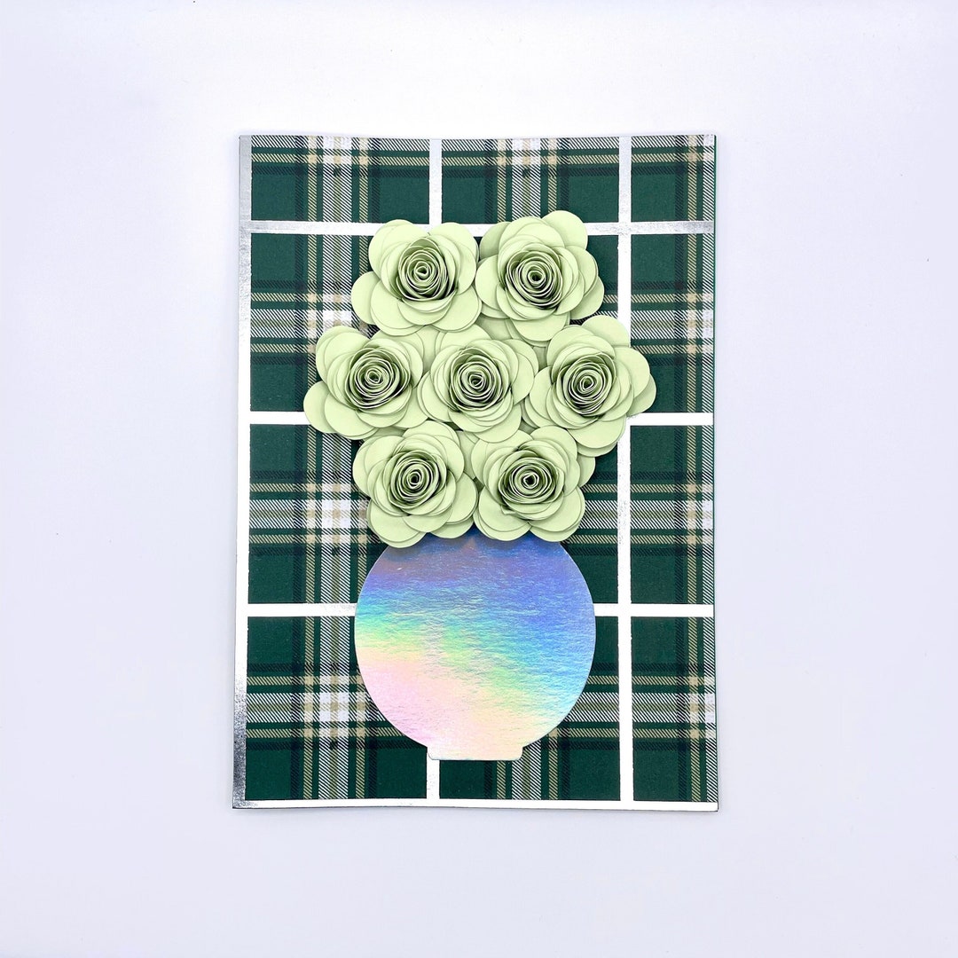 Floral Plaid Greeting Card - Green/silver/white/yellow Customizable - Etsy