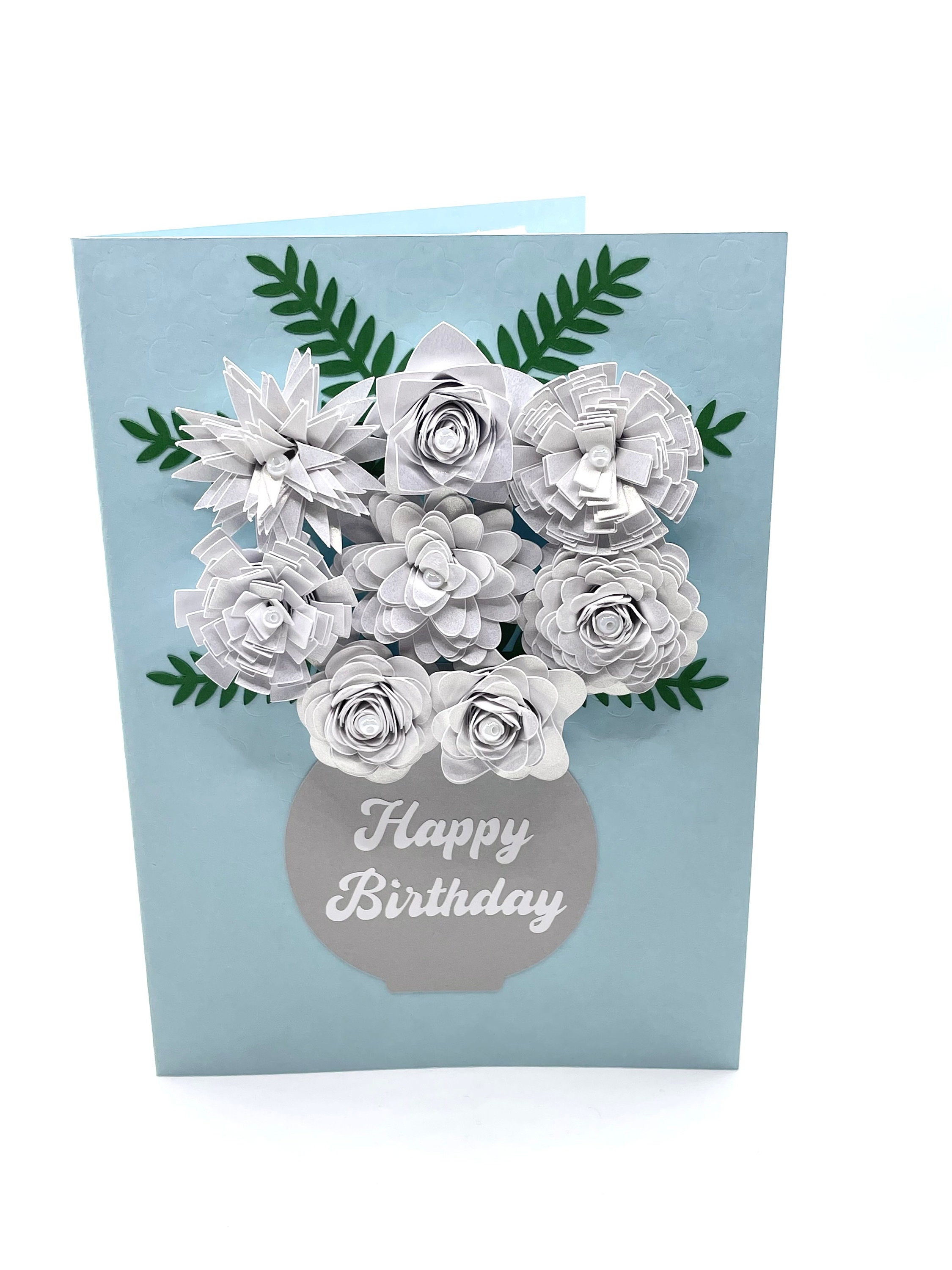 Happy Birthday White Floral Greeting Card 3D Elegant Arrangement With ...