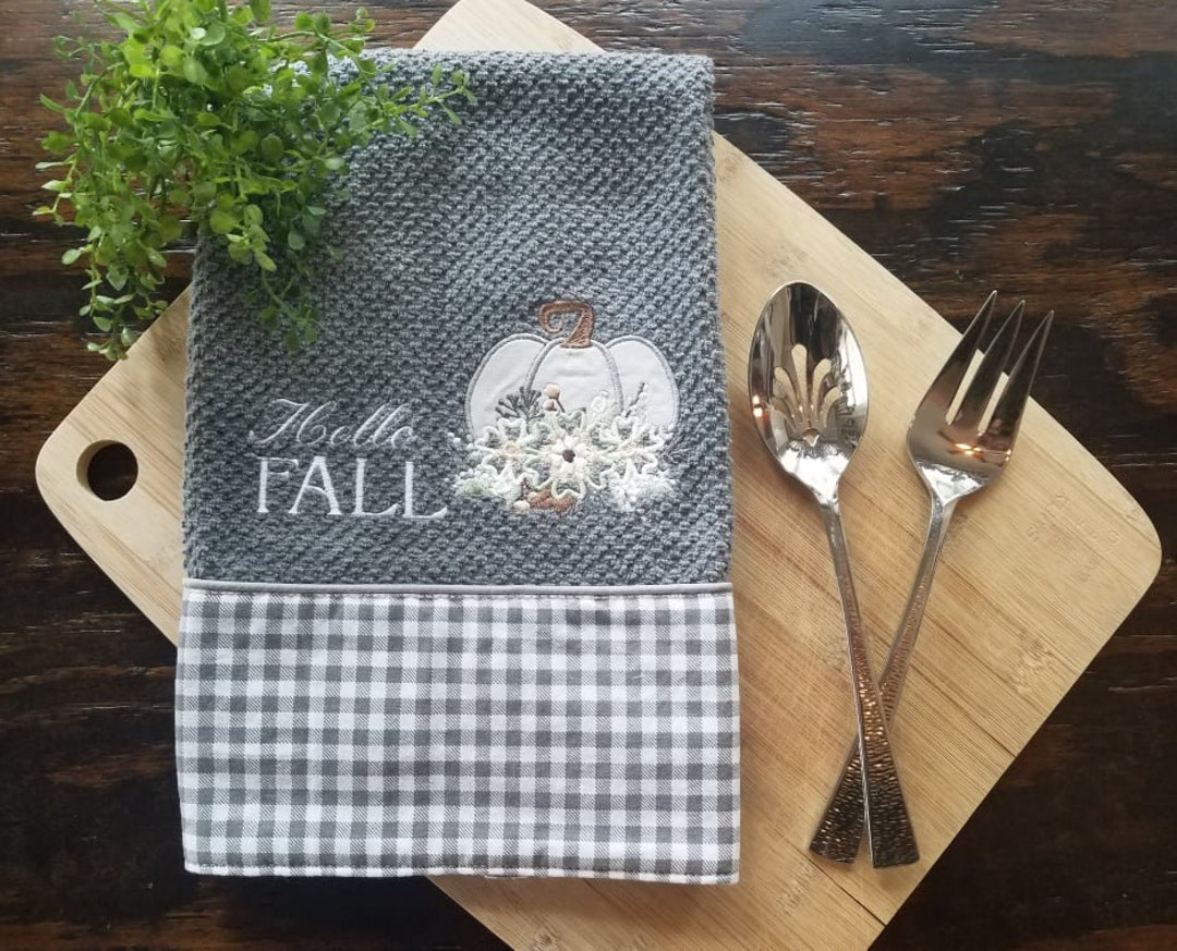 Fall/ Autumn Themed Embroidered Hand Towel/ Dish Towel Kitchen Towel ...