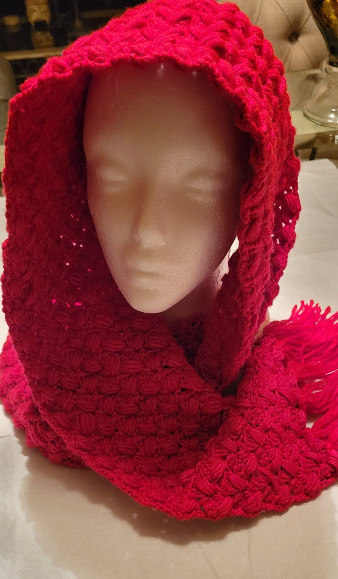Red Crocheted Scarf, Handmade Scarves, Fashion Accessory, Popcorn ...