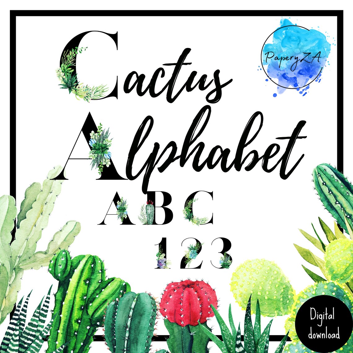 Cactus alphabet and number clipart | Etsy
