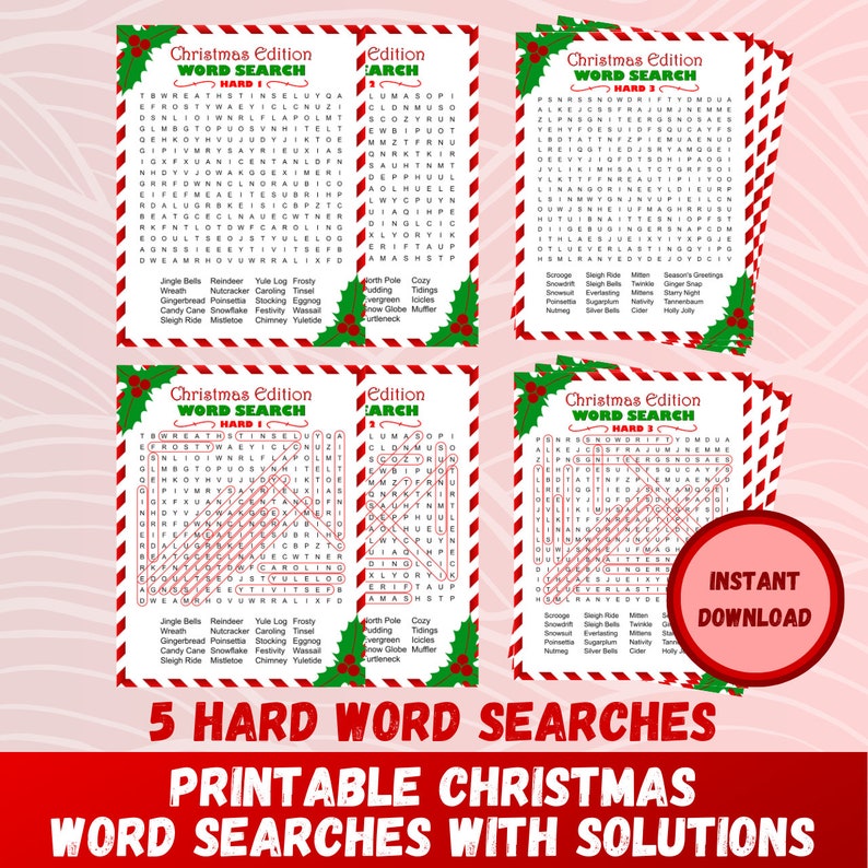 Christmas Word Search Pack: 5 Hard Puzzles With Solutions | Printable ...