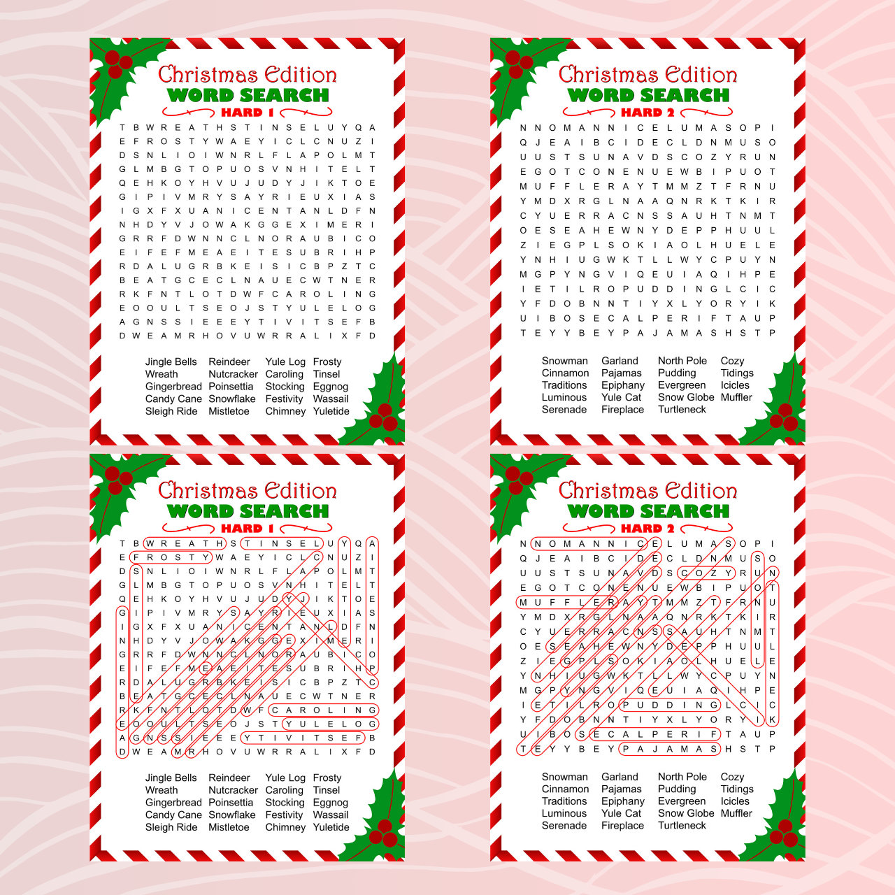 Christmas Word Search Pack: 5 Hard Puzzles With Solutions | Printable ...