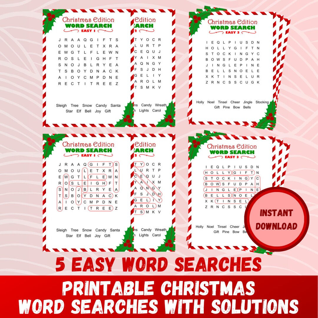 Christmas Word Search Pack: 5 Easy Puzzles With Solutions | Printable ...