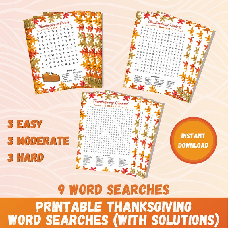 Thanksgiving Word Search Bundle - 3 Easy, 3 Moderate, 3 Hard ...
