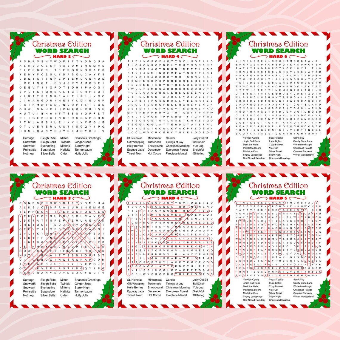 Christmas Word Search Pack: 5 Hard Puzzles With Solutions | Printable ...