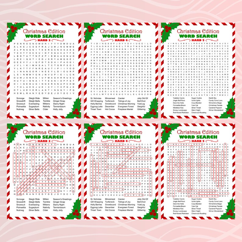 Christmas Word Search Pack: 5 Hard Puzzles With Solutions | Printable ...