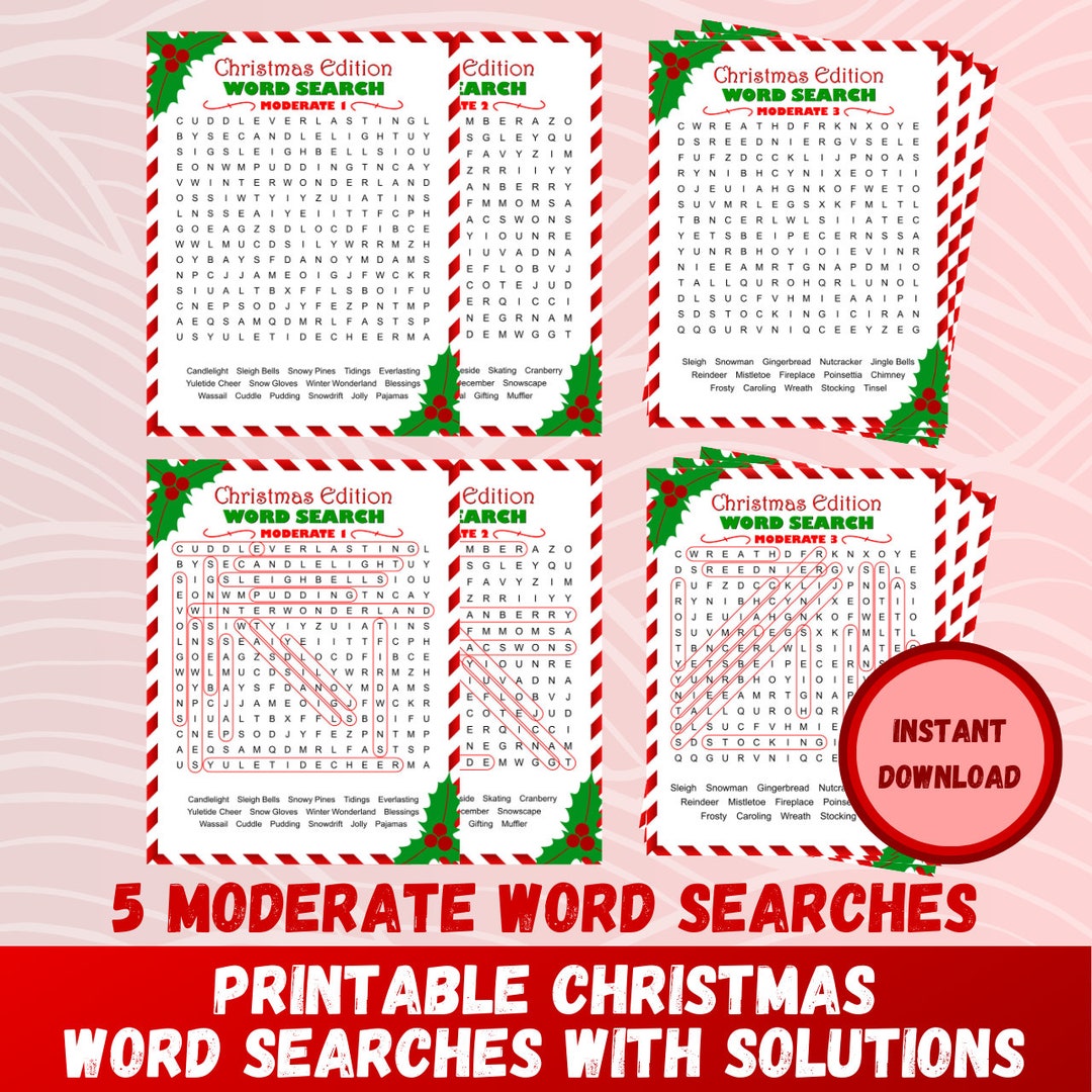 Christmas Word Search Pack: 5 Moderate Puzzles With Solutions ...