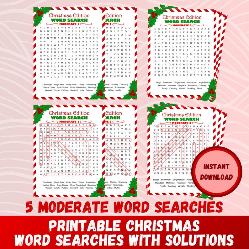 Christmas Word Search Pack: 5 Moderate Puzzles With Solutions ...