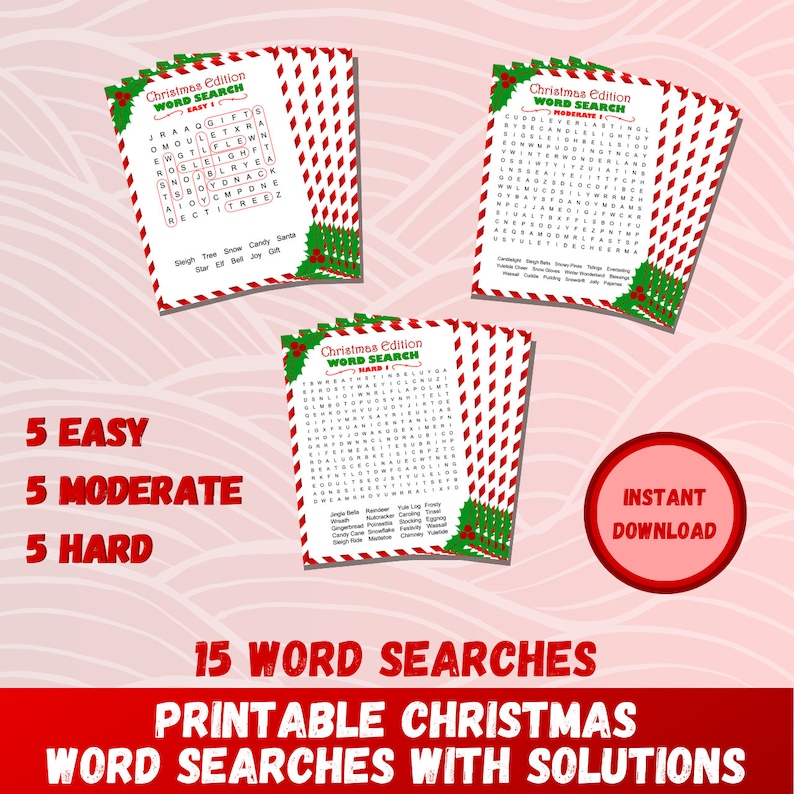 Christmas Word Search Bundle: 5 Easy, 5 Moderate, 5 Hard | Printable ...
