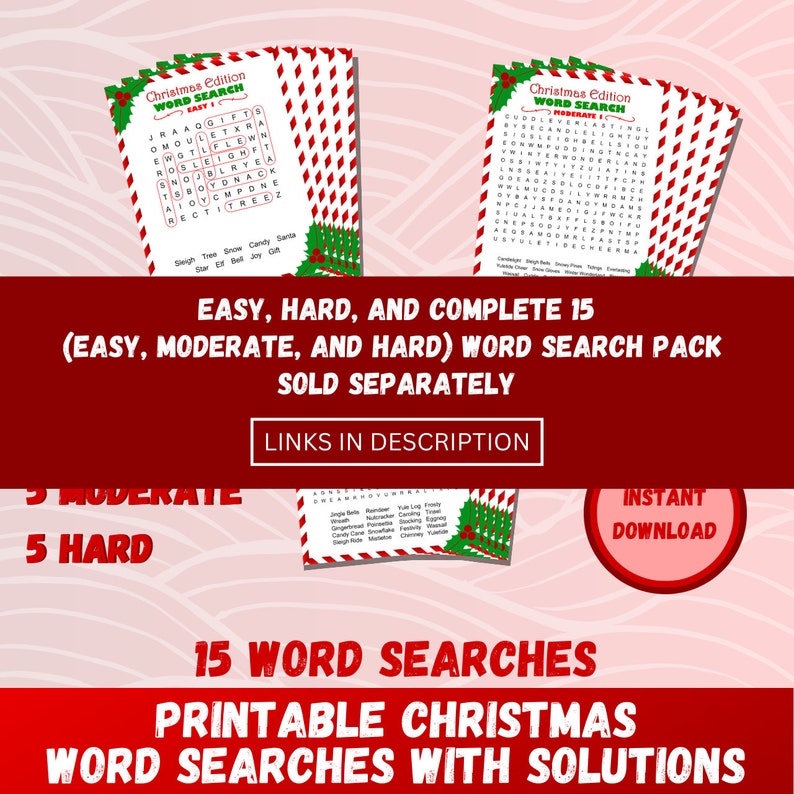 Christmas Word Search Pack: 5 Moderate Puzzles With Solutions ...