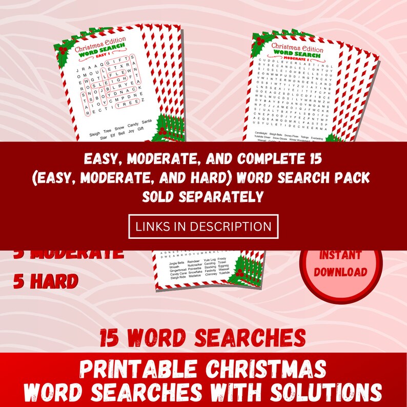 Christmas Word Search Pack: 5 Hard Puzzles With Solutions | Printable ...