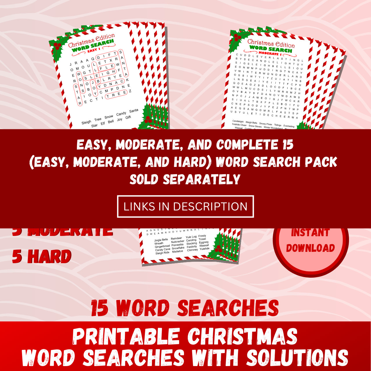 Christmas Word Search Pack: 5 Hard Puzzles With Solutions | Printable ...