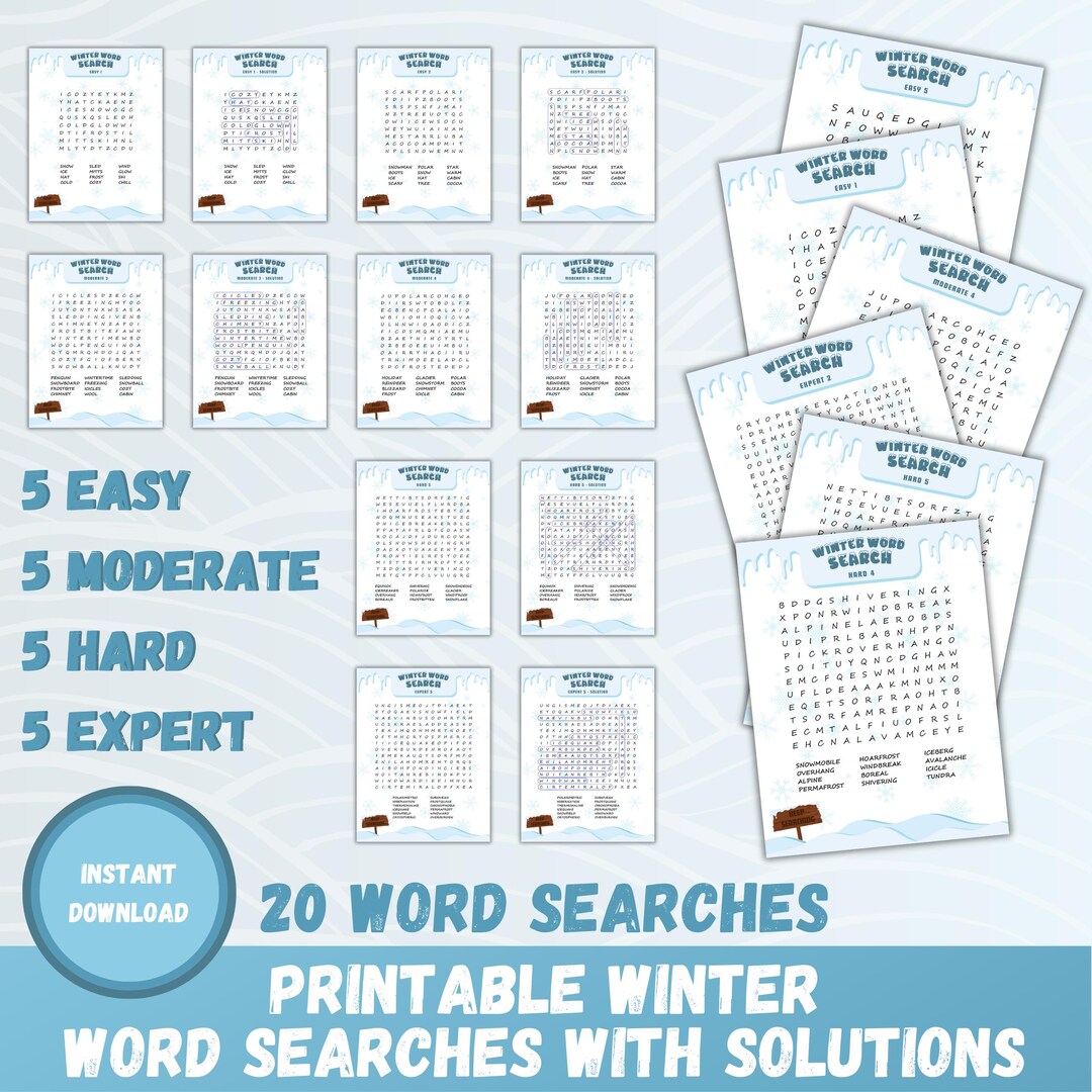 Winter Word Search Bundle: 5 Easy, 5 Moderate, 5 Hard, 5 Expert ...