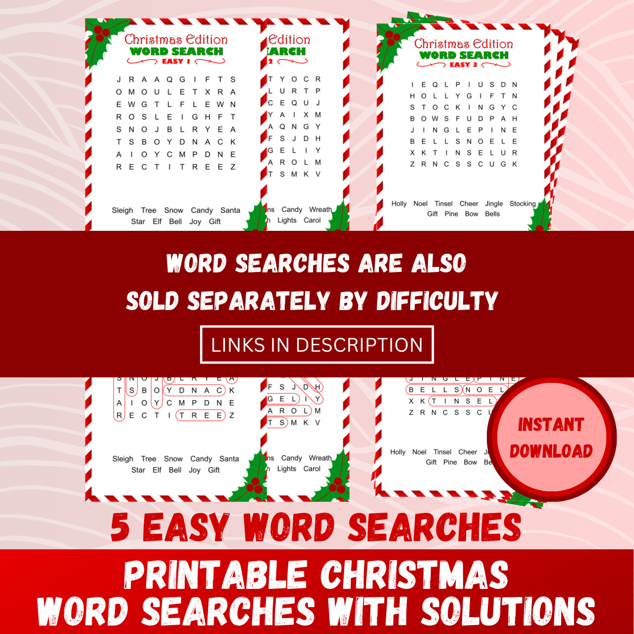 Christmas Word Search Bundle: 5 Easy, 5 Moderate, 5 Hard | Printable ...