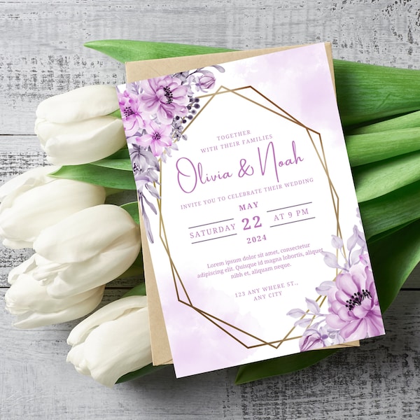 Purple Gold Wedding Invitation Template - Etsy