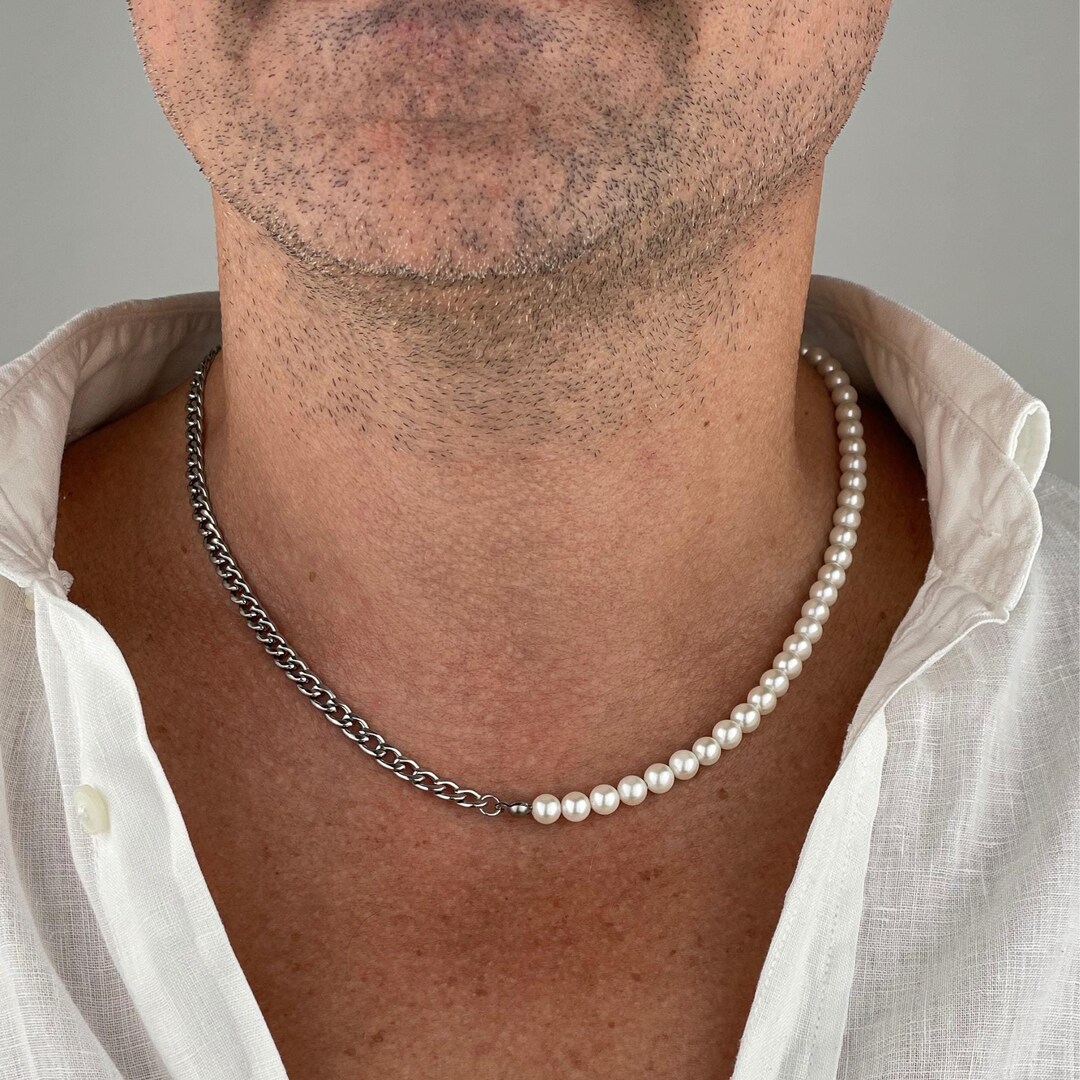 Mens Pearl Necklace | Stainless Steel Chain | Handmade Jewelry - Etsy