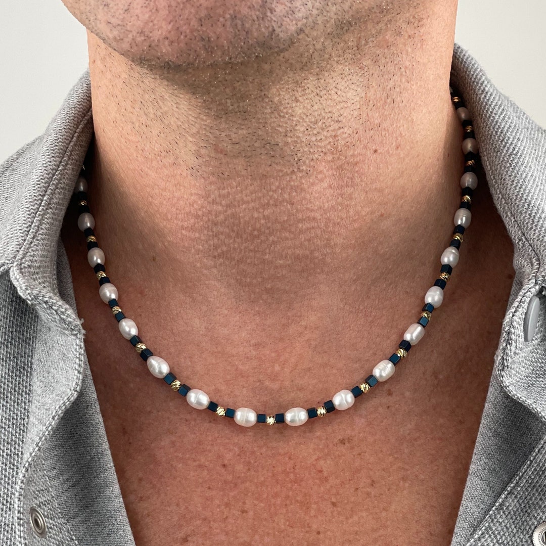 Mens Freshwater Pearl Necklace With Hematite | Pearl Necklace for Men ...