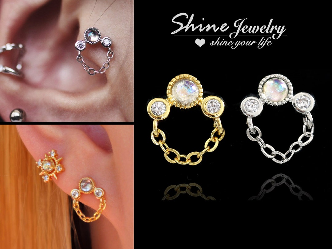 Trilogy 3-stone Chain Drop Conch Earring, Helix Earring, Cartilage ...