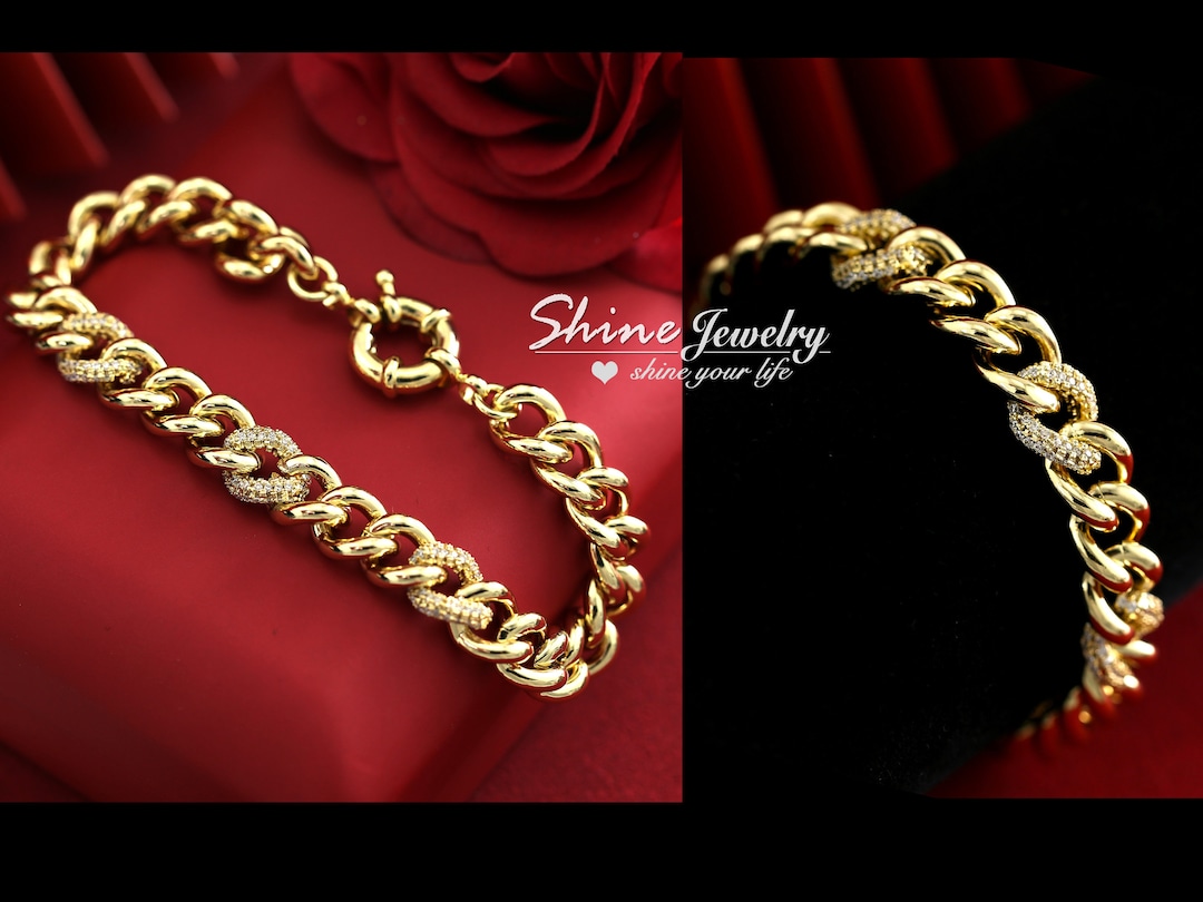 18CT Gold Filled Belcher Chain Bracelet, Bolt Ring Bracelet, Paved CZ ...