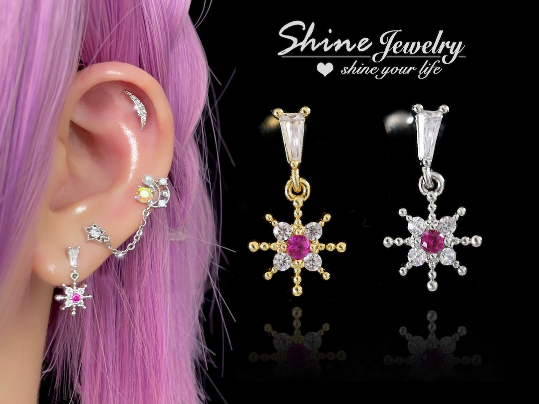 Pink Crystal Star Starburst Drop Dangle Earring, Helix Earring ...