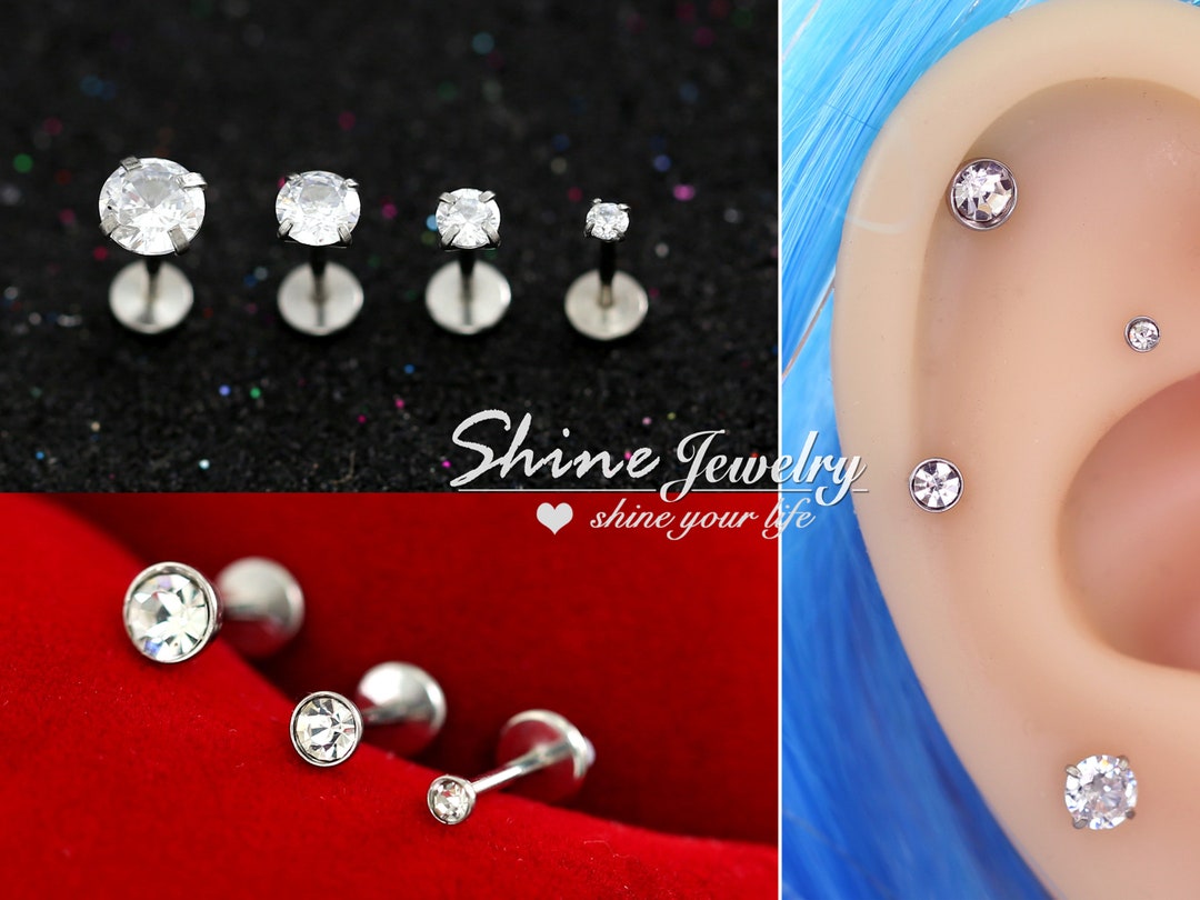 Silver / Gold 2-5mm Round CZ Threadless Push Pin Bar Stud Ball Earring ...