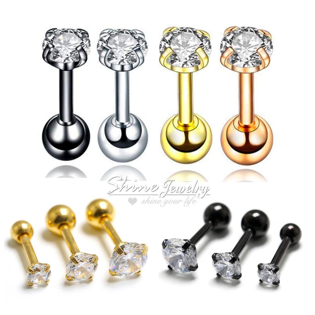 2-8mm Round Solitaire CZ Ring Bar Stud Earring, 16g Silver/rose/gold ...