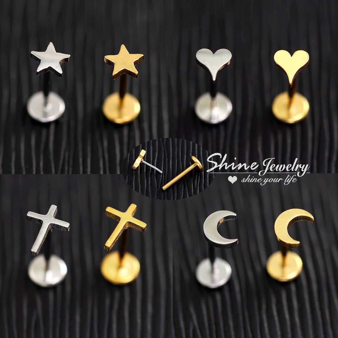 Silver / Gold Threadless Push Pin Bar Stud Ball Earring, 20g Star/moon ...