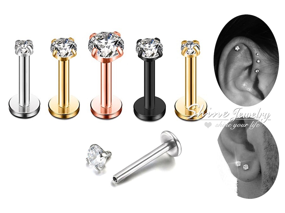 Internally Threaded Flat Back 2-4mm Round CZ Ring Bar Stud Earring, 16g ...