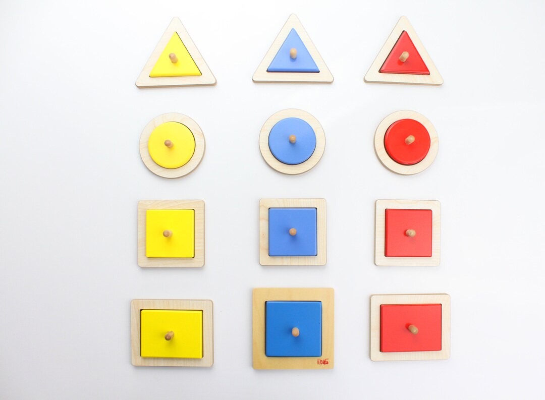 Geometric Single Shape Montessori Puzzle and Color Puzzle Set, Wooden ...