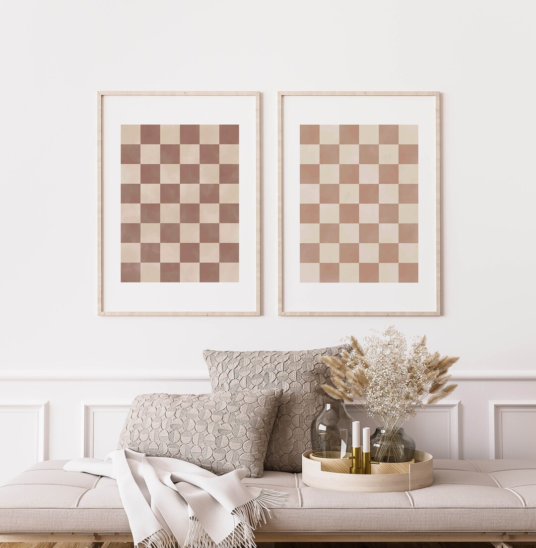 Earth Tones Checkered Art Print Set of 2, Geometric Minimalist Abstract ...