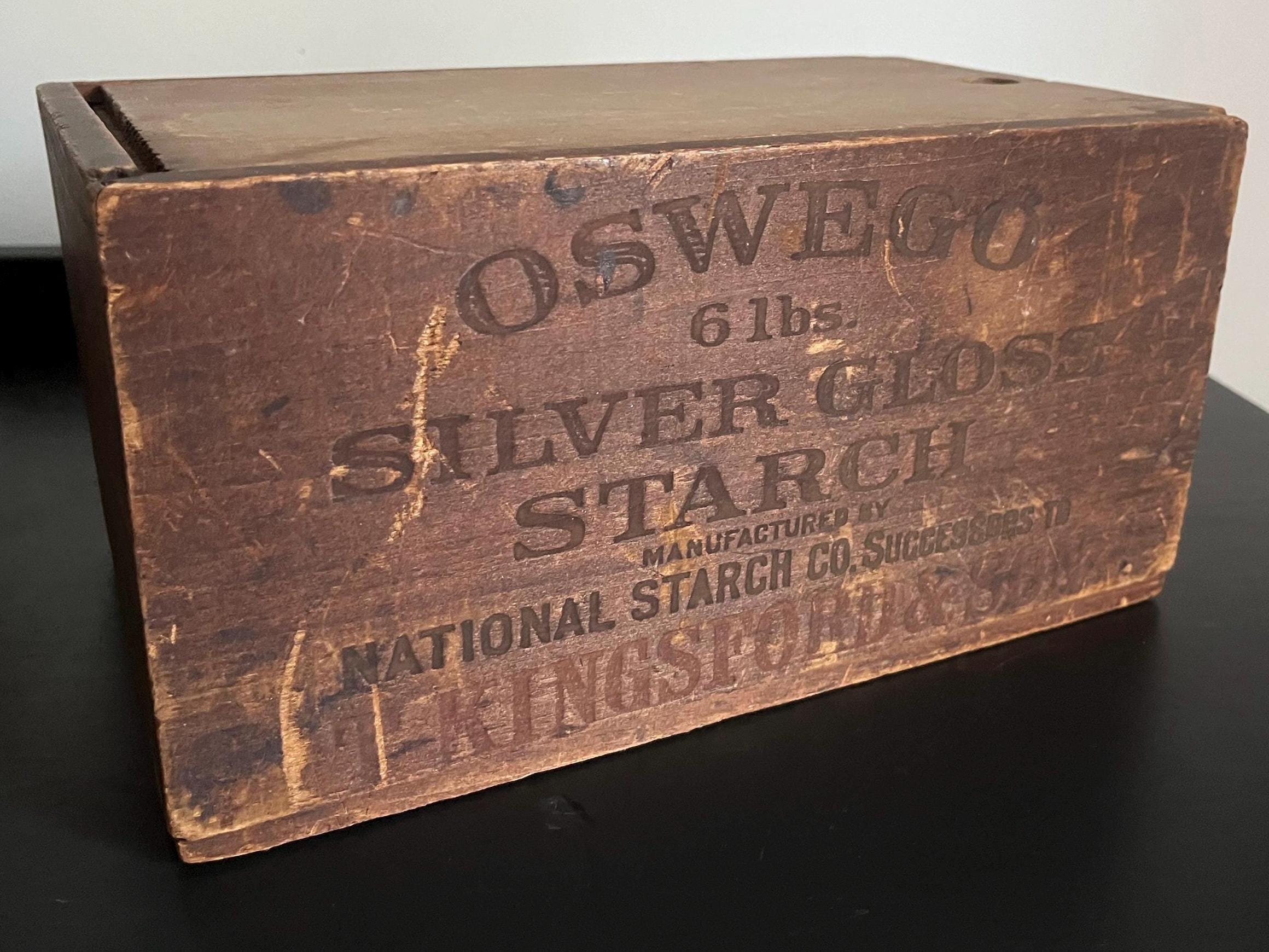 Antique Kingsford’s Oswego NY Silver Gloss Starch Wooden Box With Paper ...