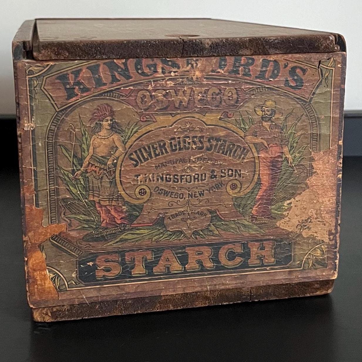 Antique Kingsford’s Oswego NY Silver Gloss Starch Wooden Box With Paper ...