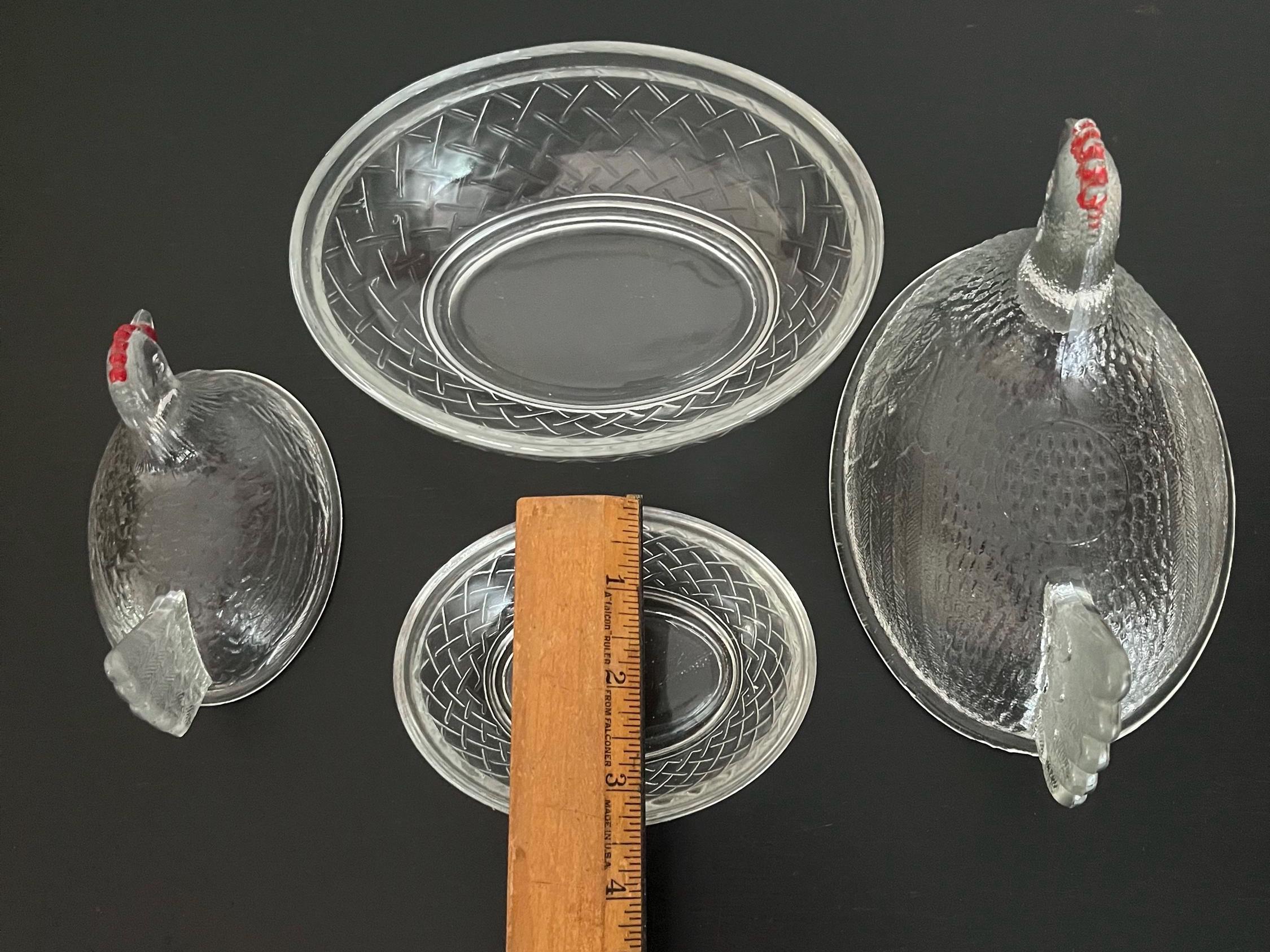 Vintage Pressed Glass Nesting Hens Chicken Dishes Clear Glass With Red ...