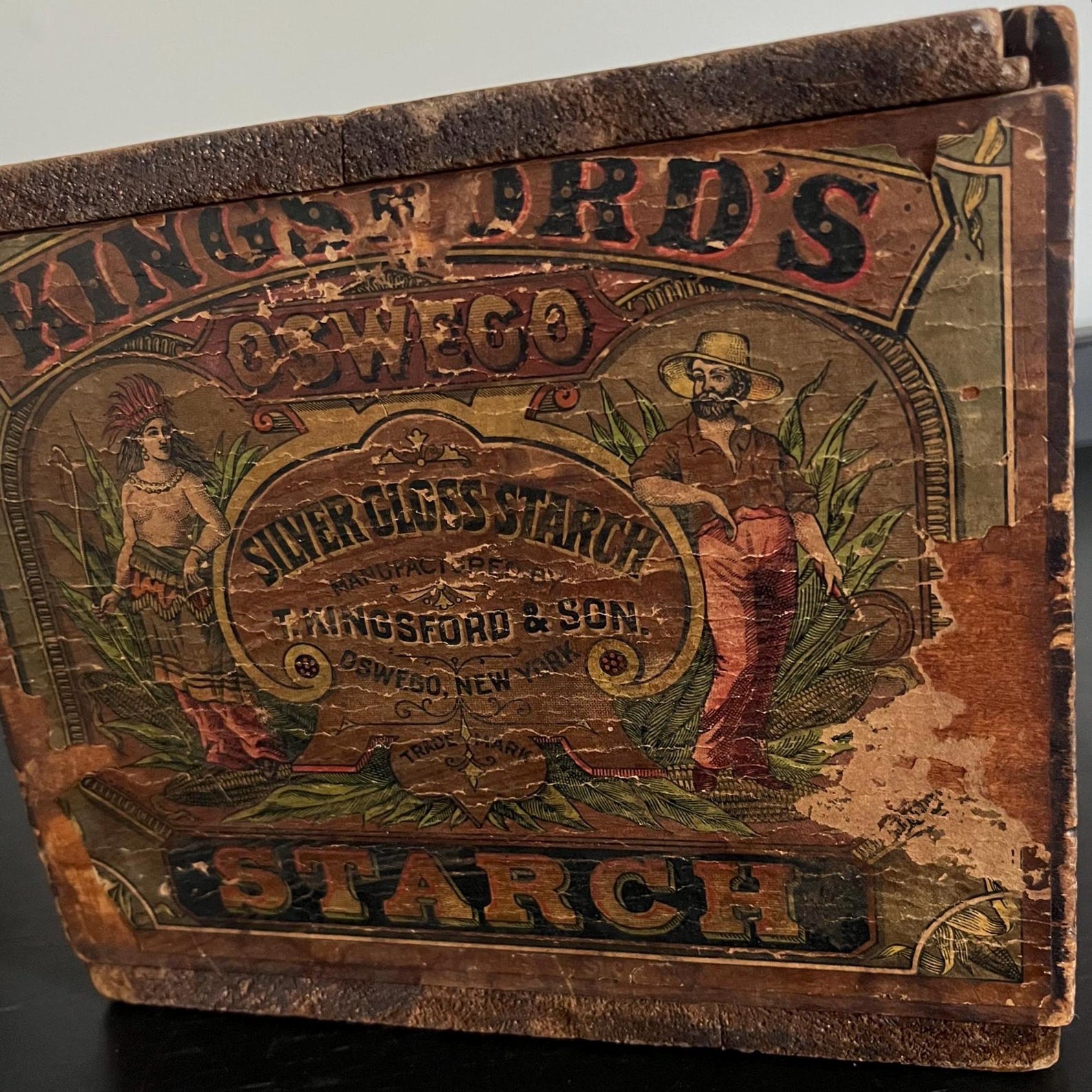 Antique Kingsford’s Oswego NY Silver Gloss Starch Wooden Box With Paper ...
